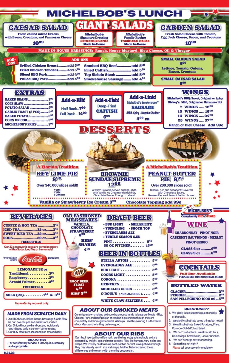 Michelbob’s Ribs & Steaks in Naples, FL Lunch Menu
