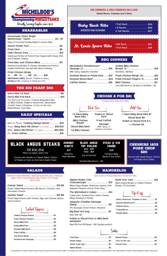 Michelbob’s Ribs & Steaks in Naples, FL Dinner Menu