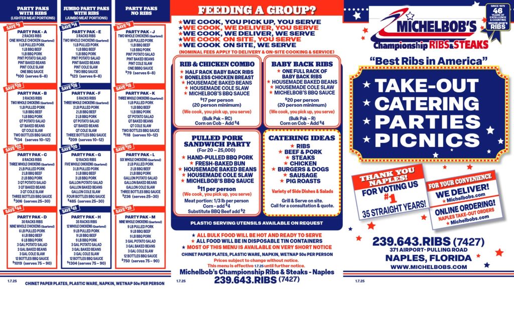 Michelbob’s Ribs & Steaks Naples, FL Take-Out Menu