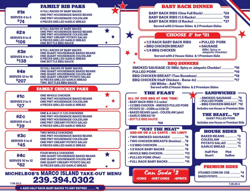 Michelbob’s Ribs & Steaks Marco Island, FL Take-Out Menu
